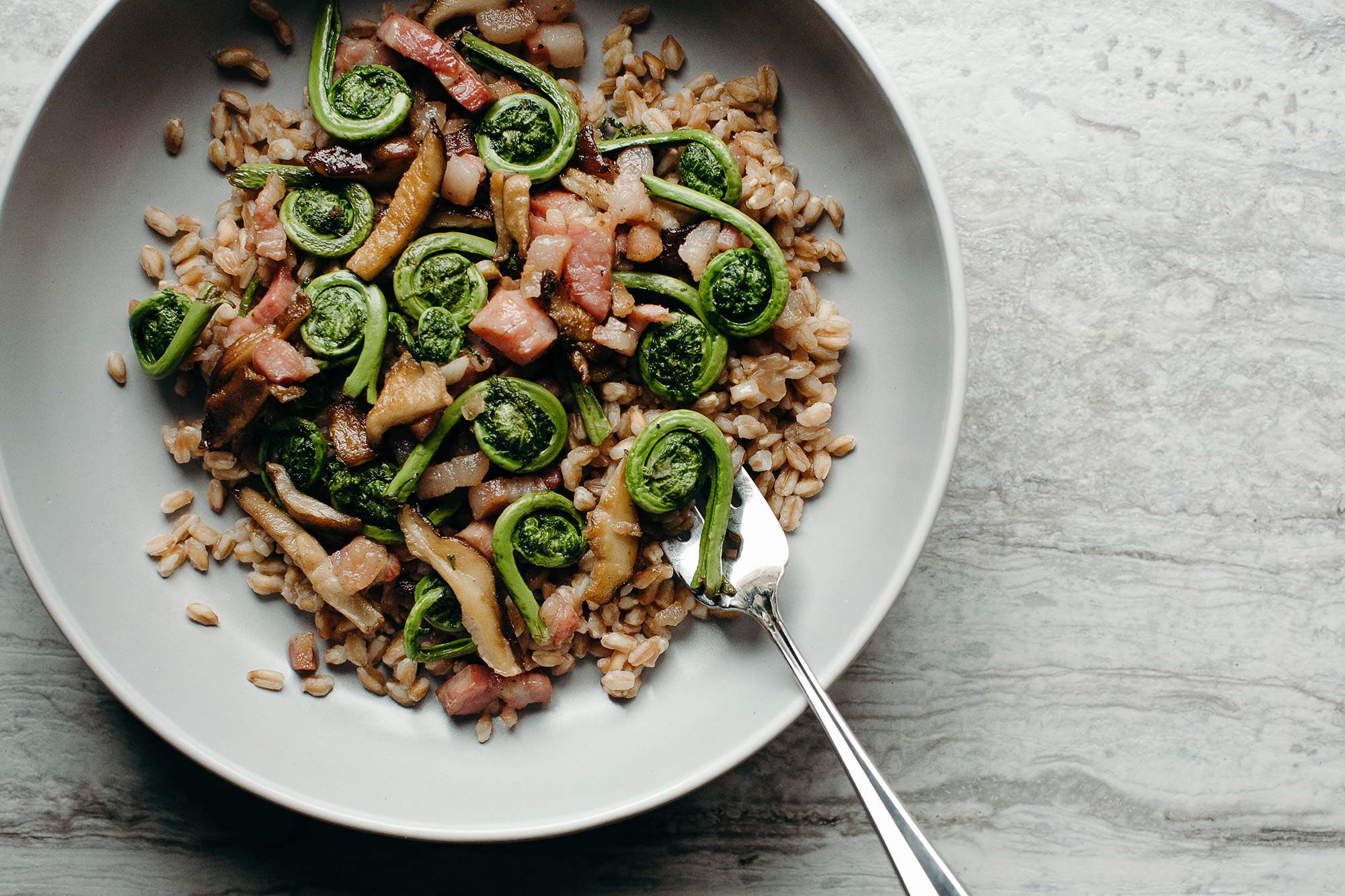 Warm Farro and Fiddlehead Fern Salad