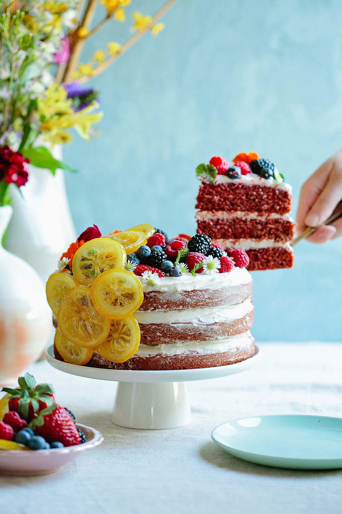 Red Beet Cake with Goat Cheese Frosting and Candied Lemons
